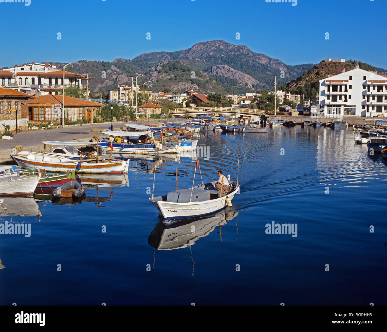 Early morning harbour scene in the popular resort of Marmaris Stock ...