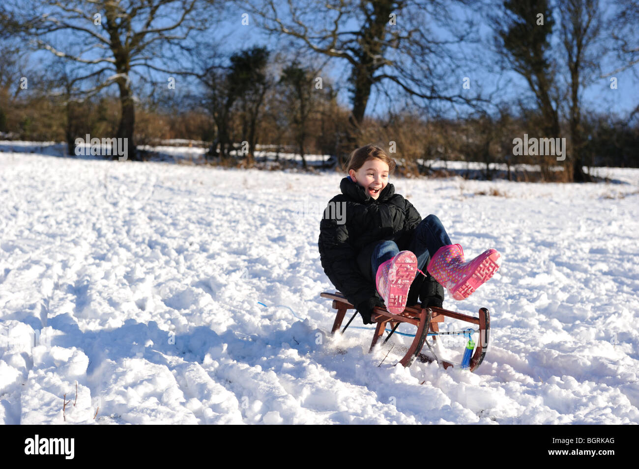 Winter sledging scene in bright sunshine Stock Photo - Alamy
