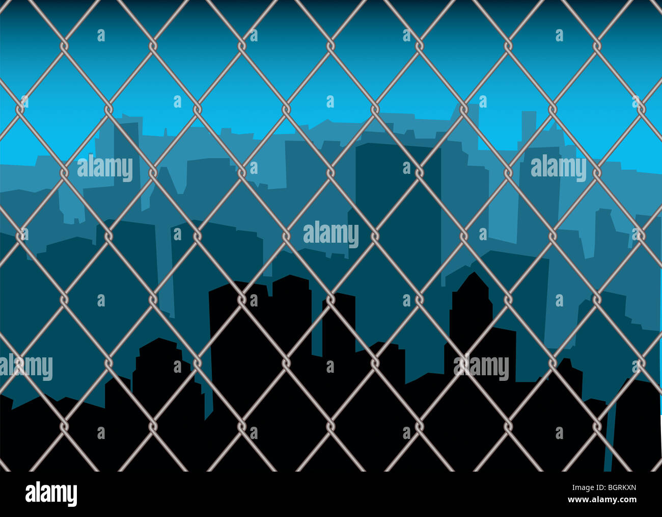 City scape skyline behind a metal fence with blue sky Stock Photo - Alamy