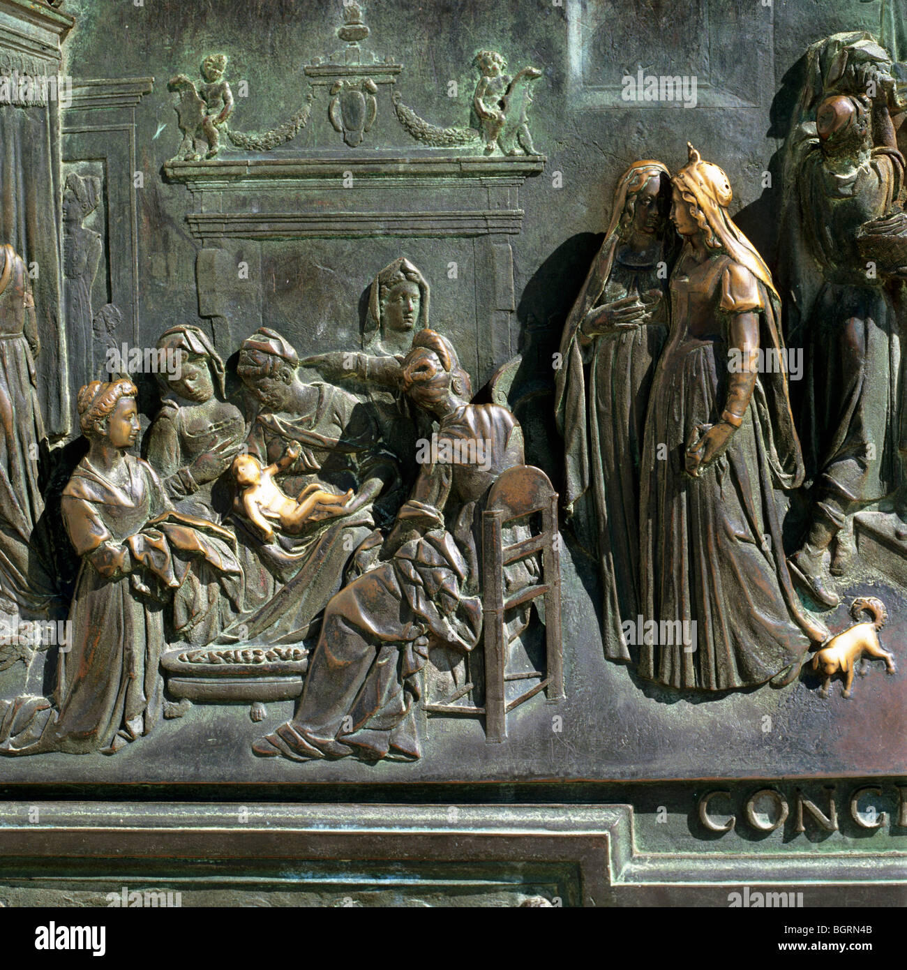 Detailed bas-relief on the massive bronze doors of Pisa Cathedral Stock ...