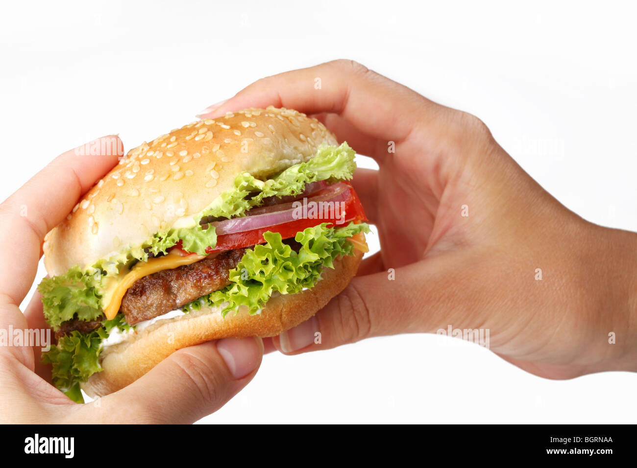 hands hold a cheeseburger on a white background Stock Photo - Alamy