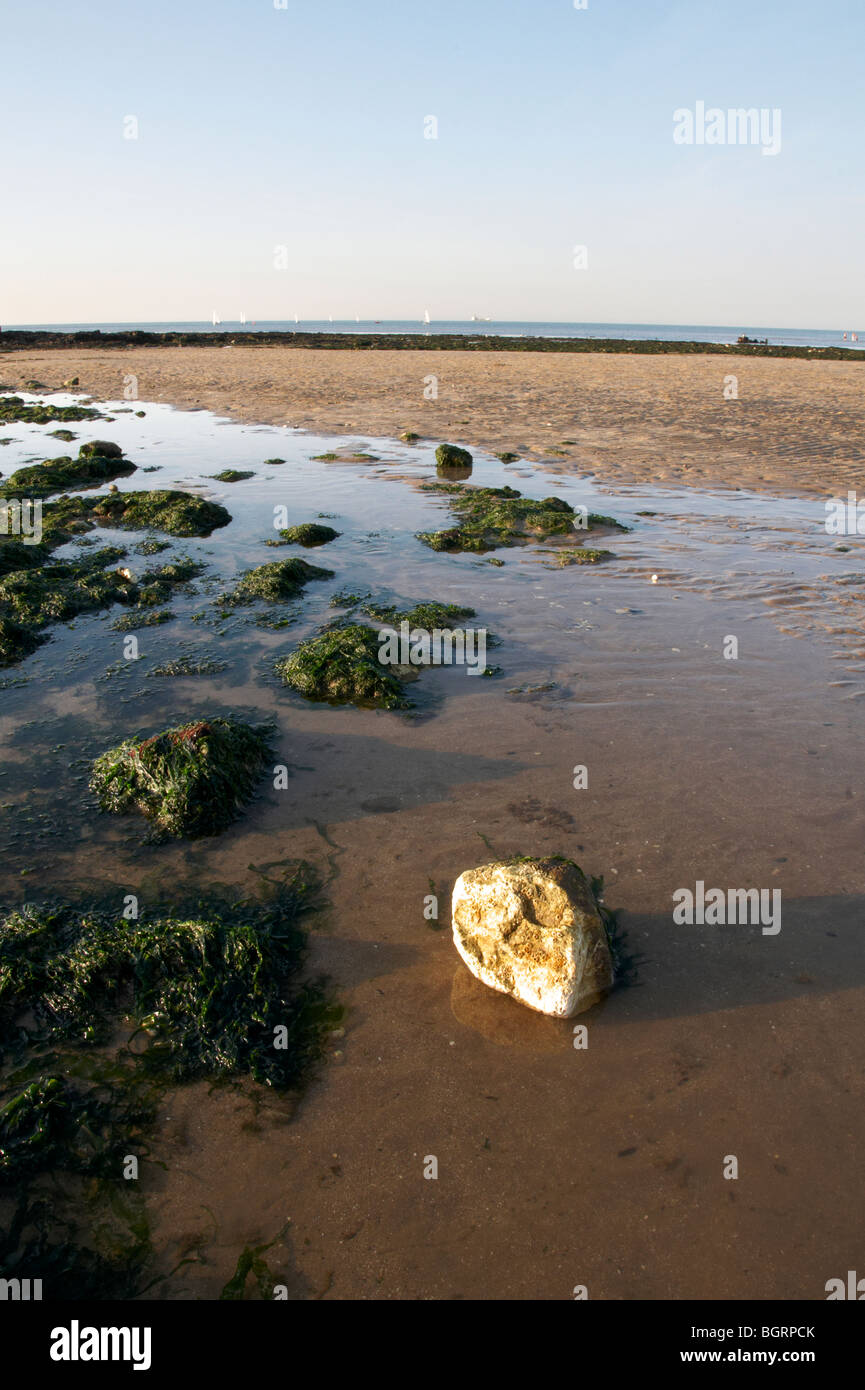 A view from Margate beach in the late afternoon with a rock in the ...