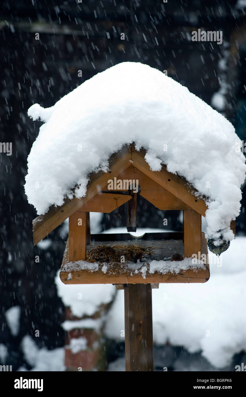 Bird table in garden with heavy snow Stock Photo - Alamy