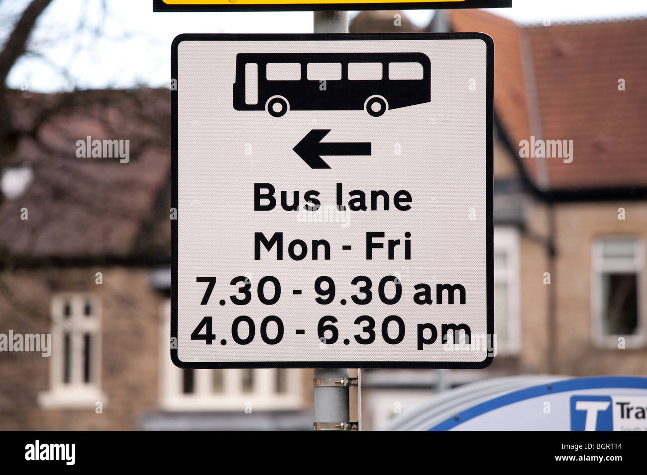 Examples of UK street signs. Bus lane after junction Stock Photo - Alamy