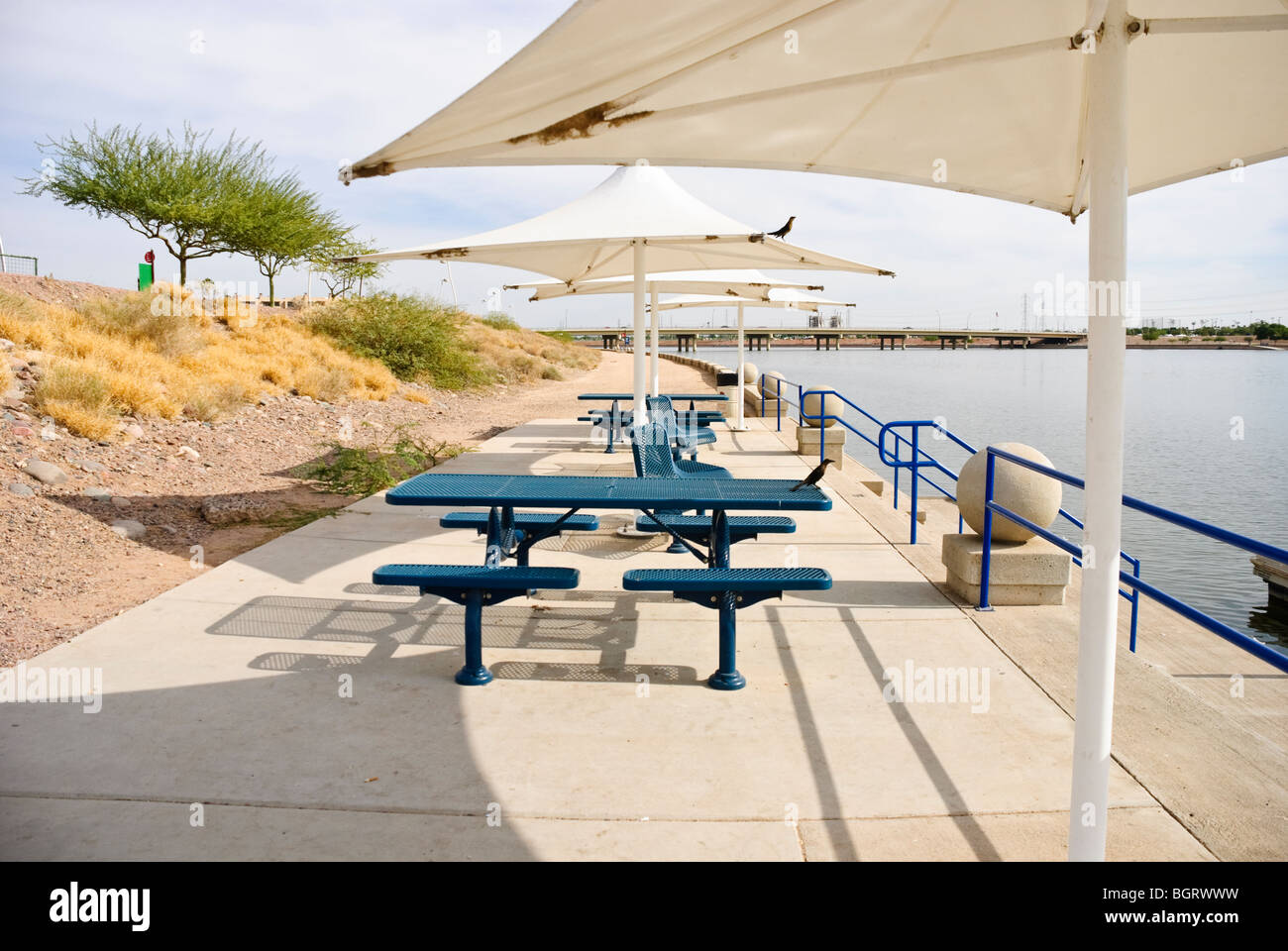 Shaded picnic tables next to the Rio Salado (Tempe Town Lake) in Tempe ...