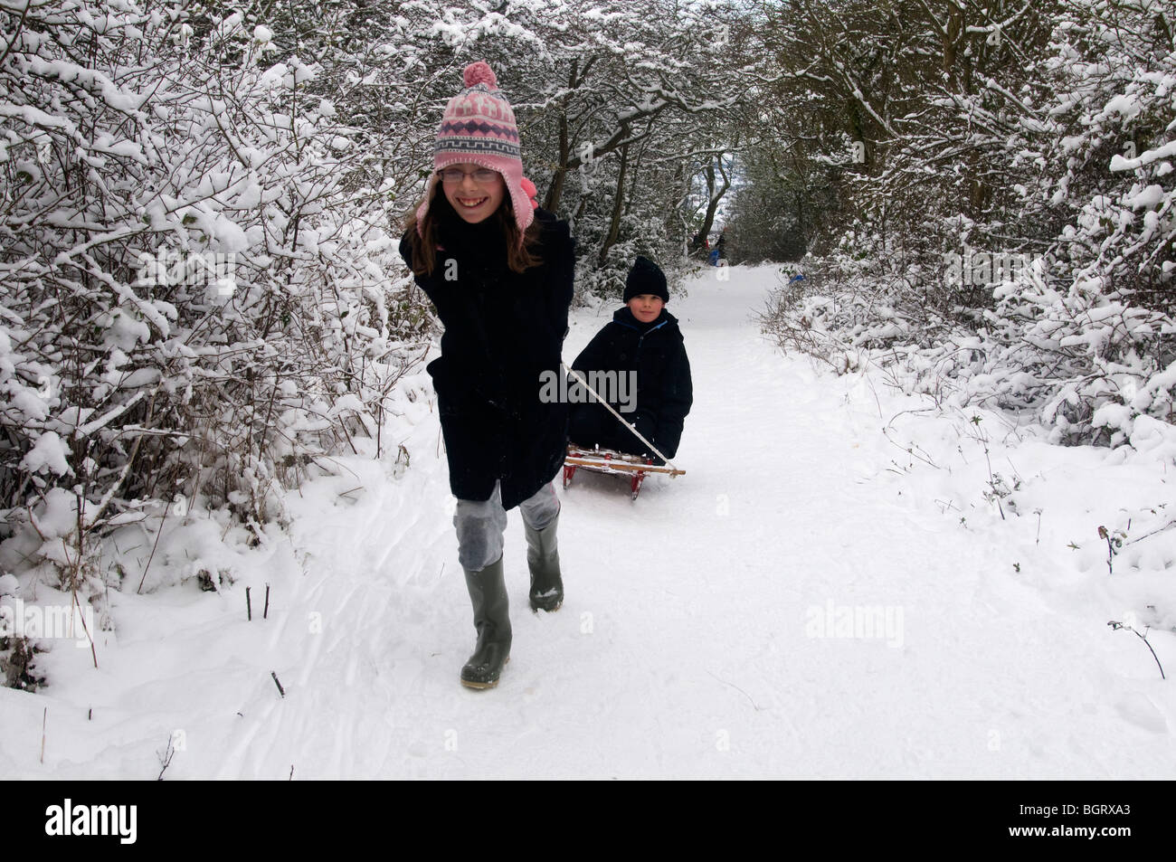Chidren playing in snow pulling sled through tree lined pathway kent ...
