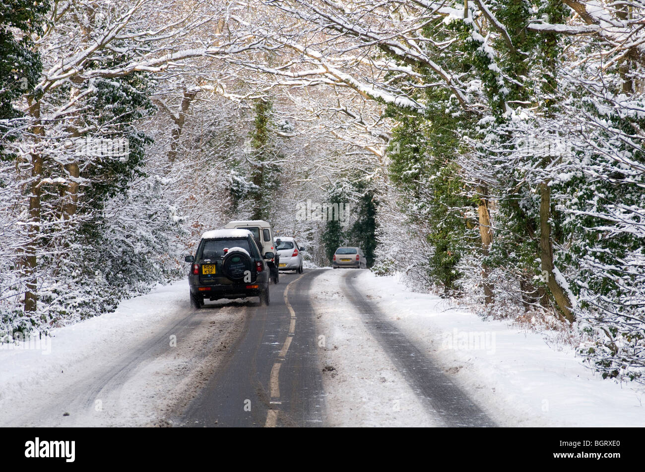 car driving through Snow Road lined with trees kent countryside england ...