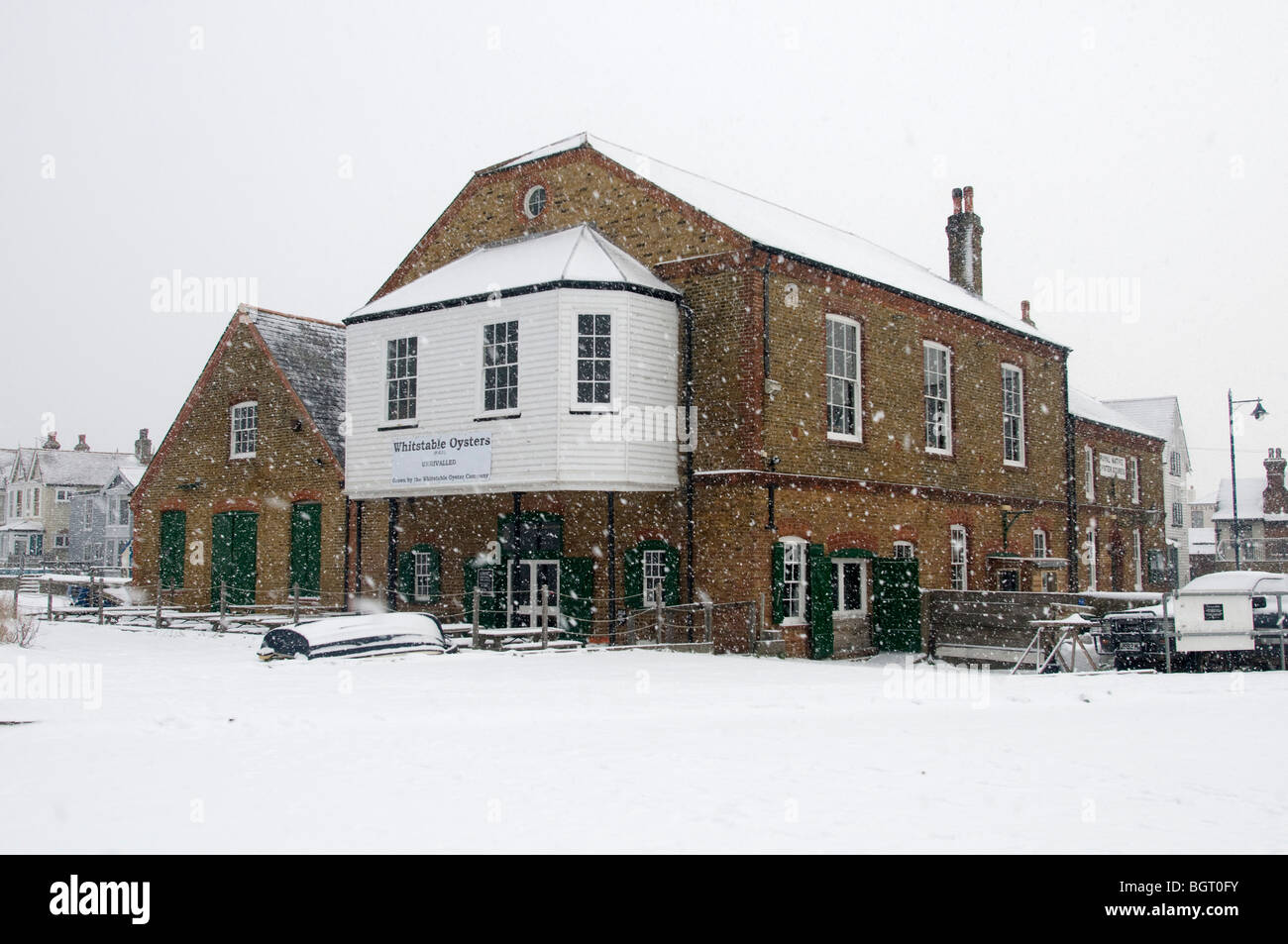 Oyster fishery restaurant in Snow on beach whitstable kent countryside ...
