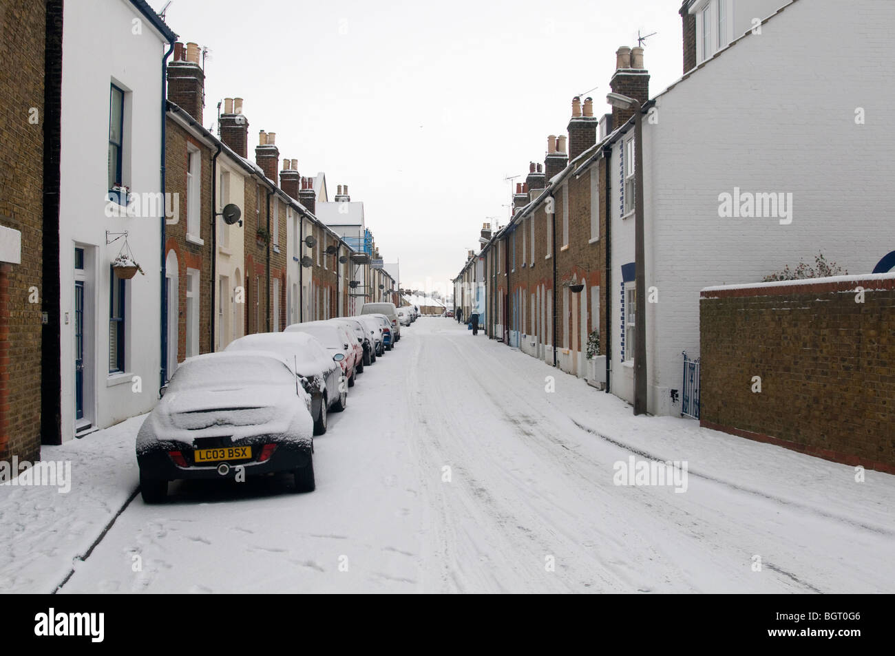Back street covered in Snow on beach whitstable kent countryside ...