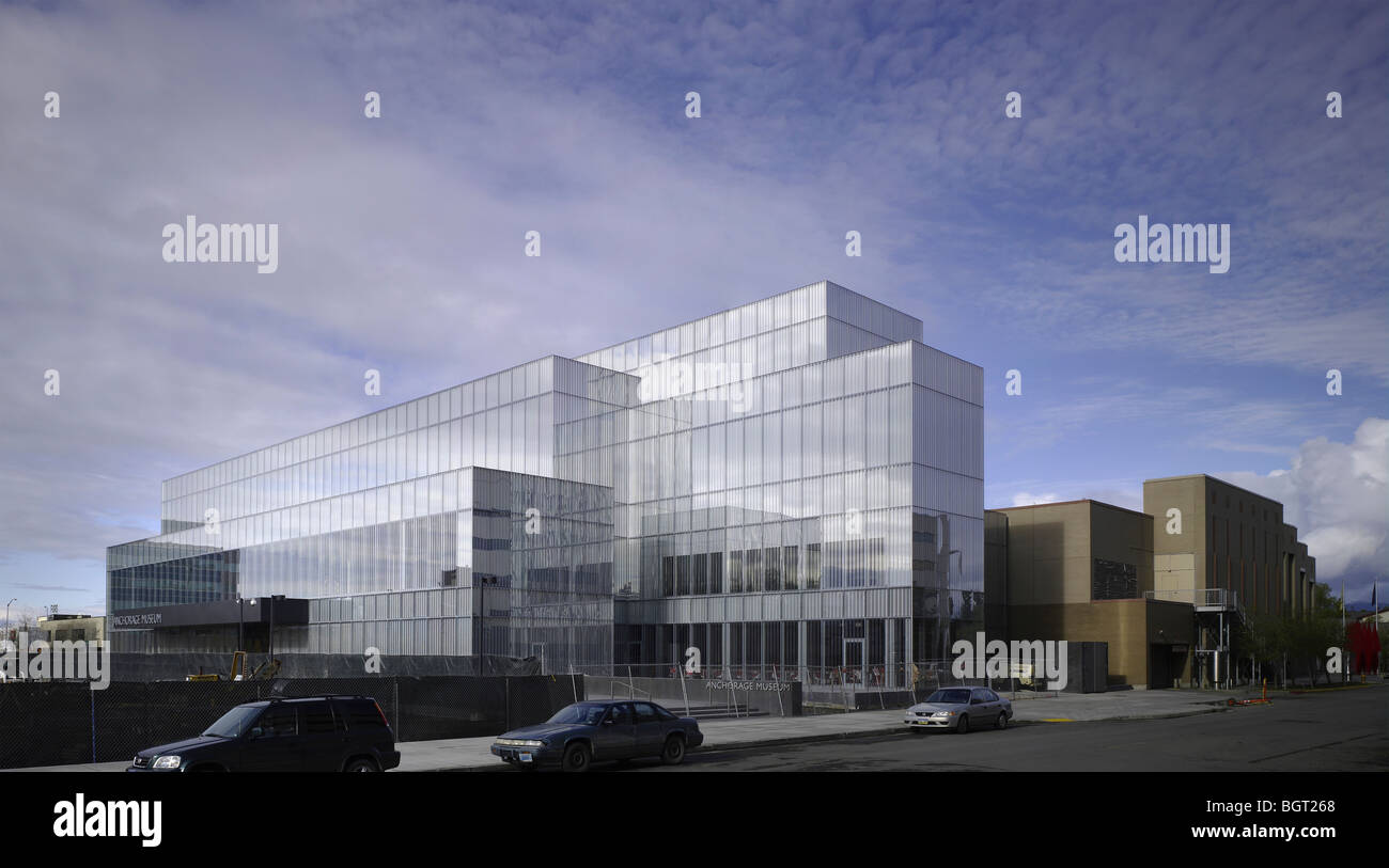anchorage museum linear volumes forming a highly reflective glass ...