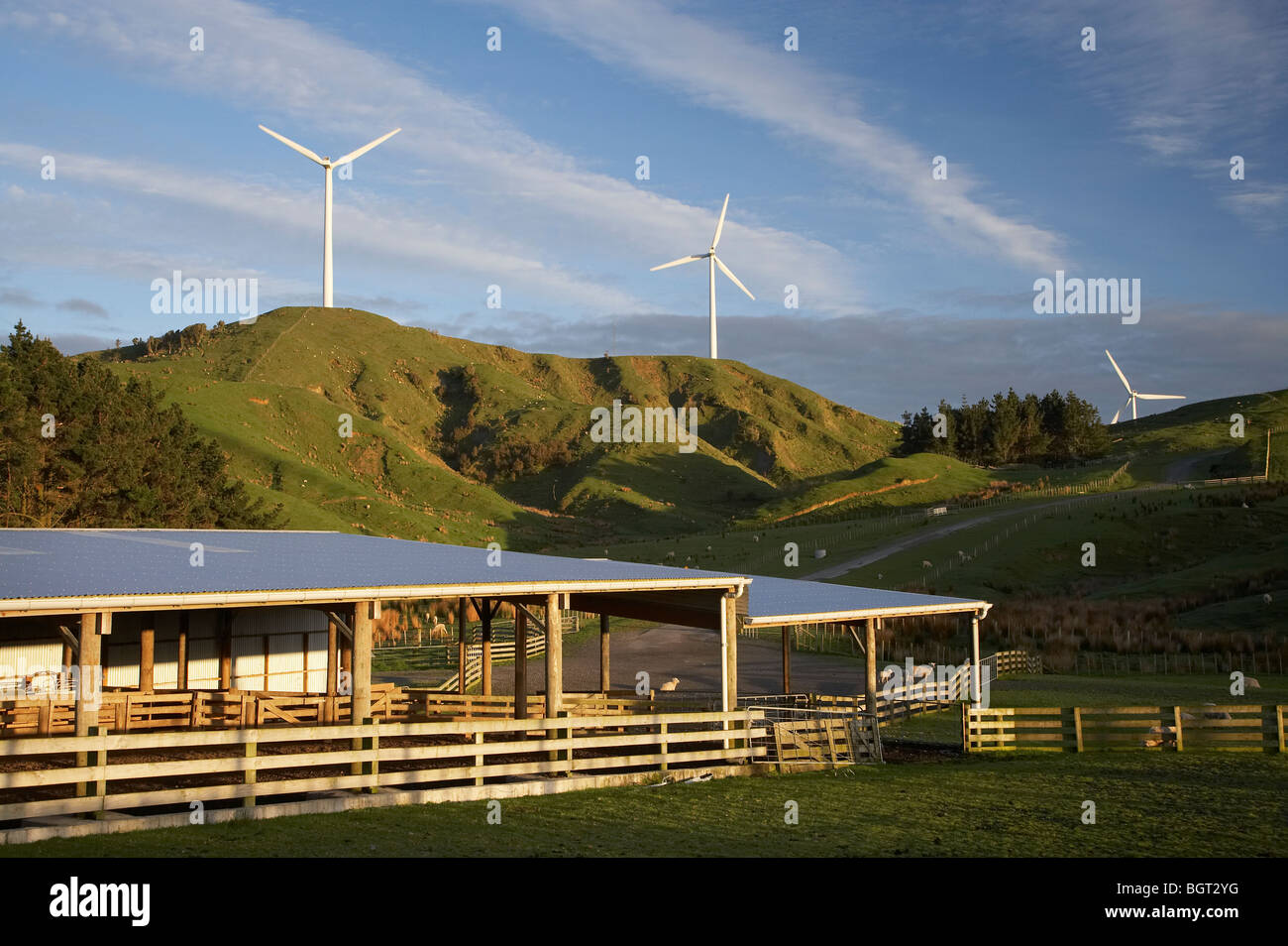 Farm Shed and Te Apiti Wind Farm, Ruahine Ranges, Manawatu, North ...