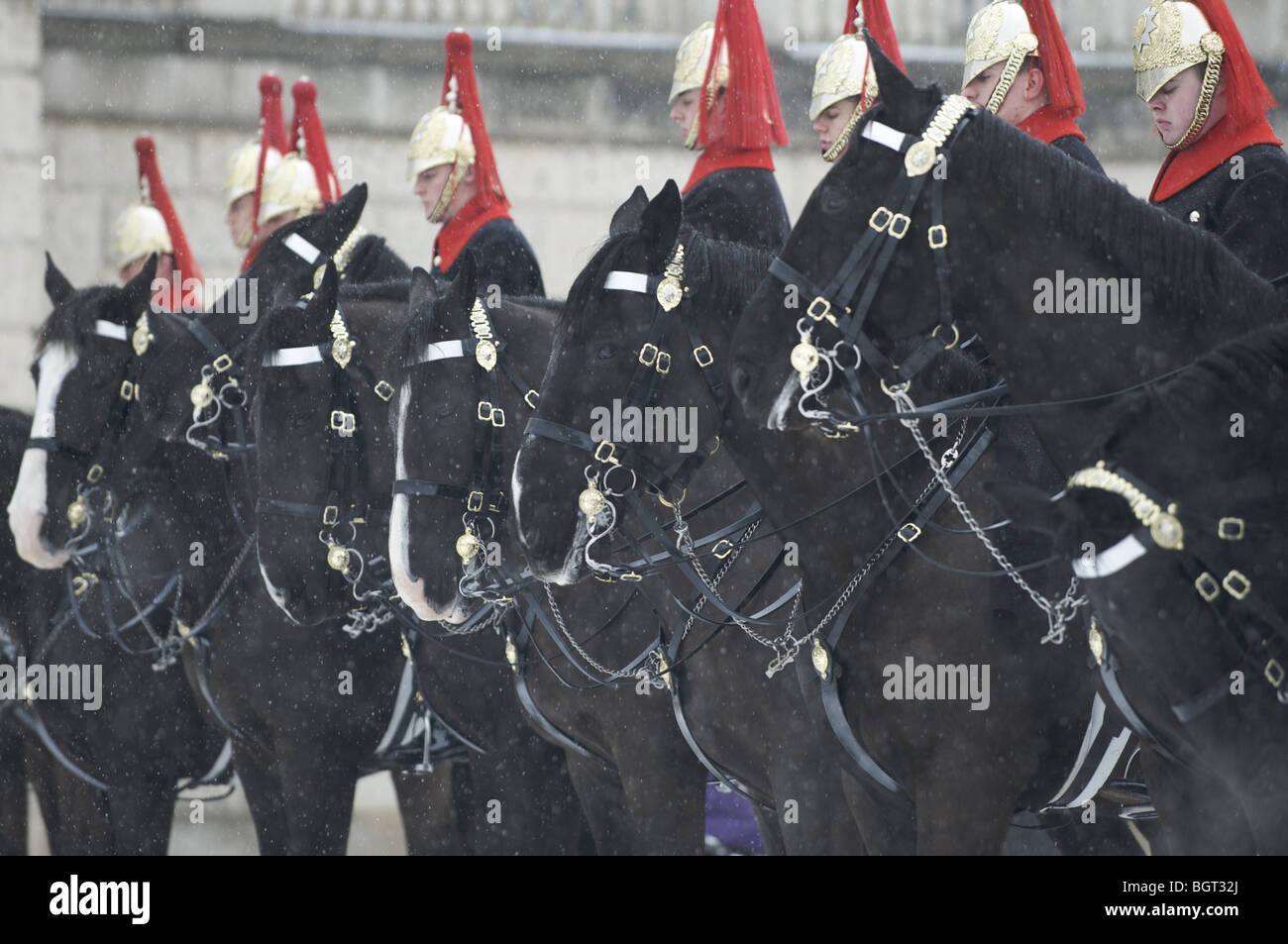 The Queen's Guard Blues and Royals regiment on horses in the snow ...