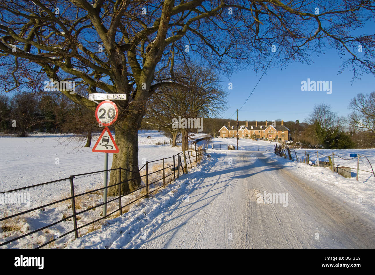 Warning signs, 20 m.p.h. and slippery road informing motorist of the ...