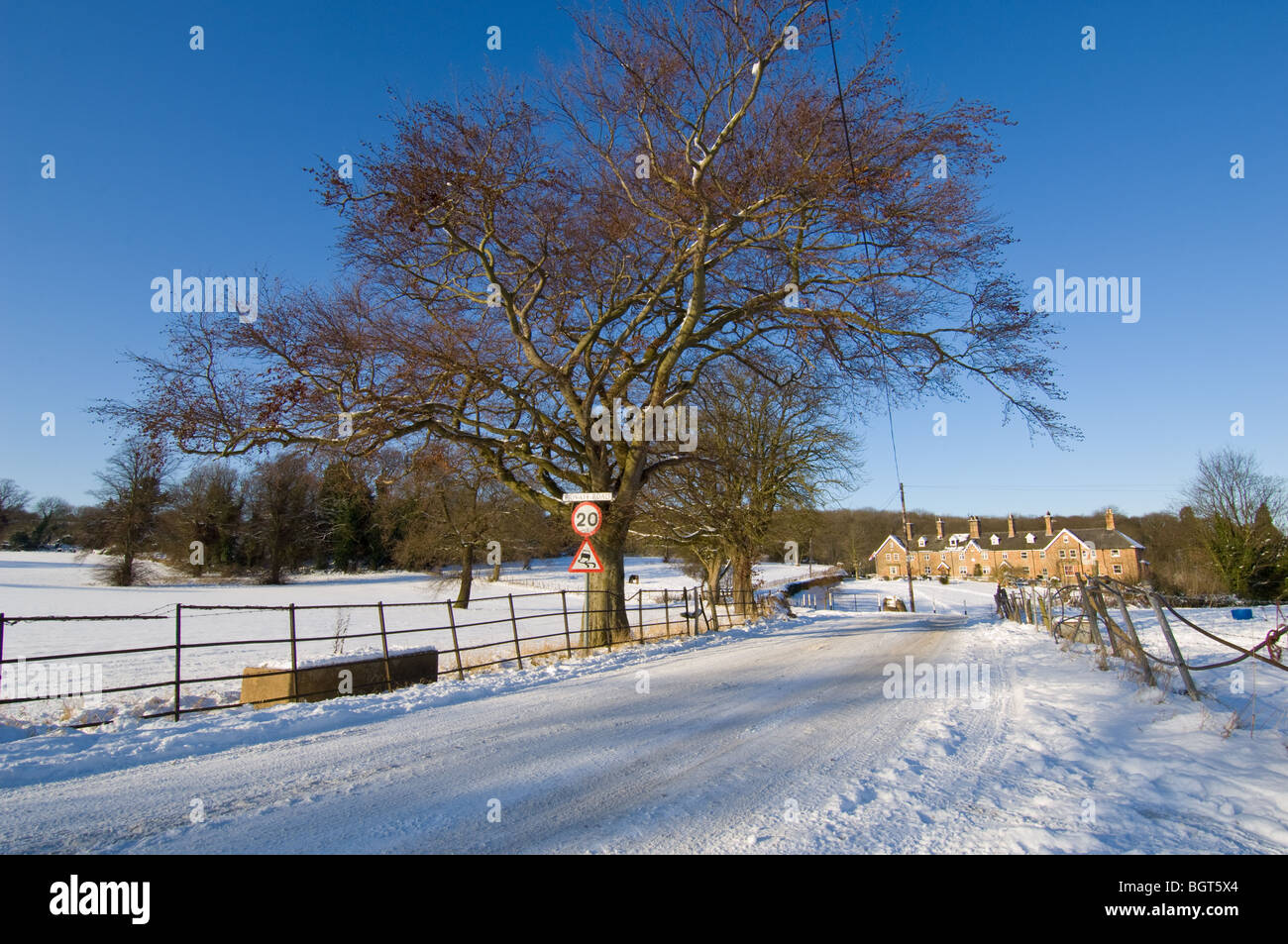 Warning signs, 20 m.p.h. and slippery road informing motorist of the ...