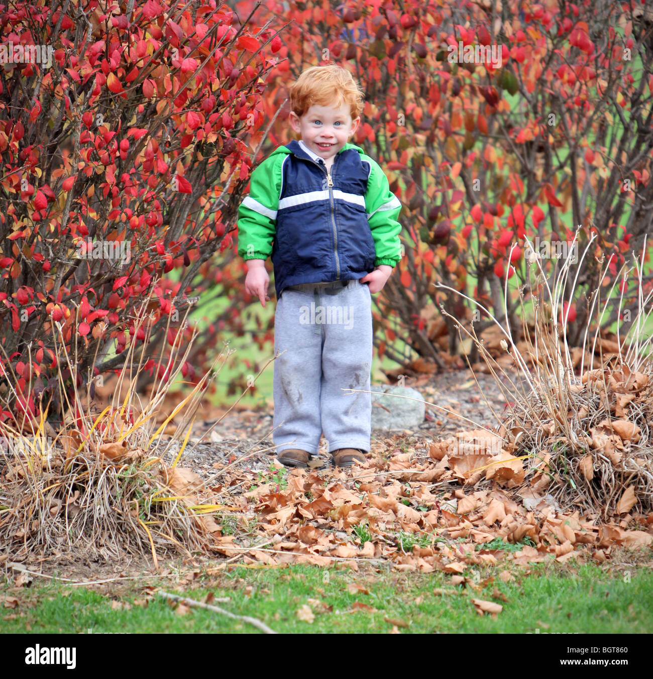 Happy boy standing outside during the fall Stock Photo - Alamy