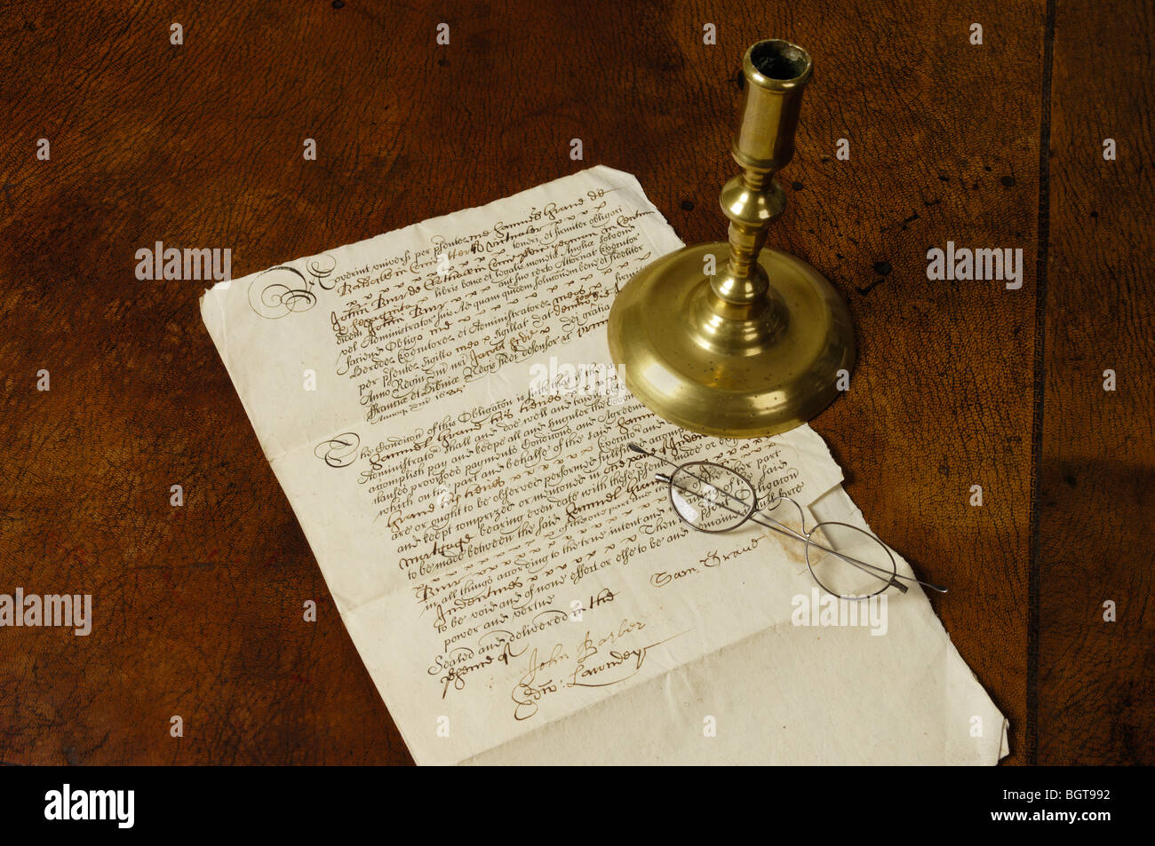 Ancient document written in English, circa 1685, with 18th C. brass ...