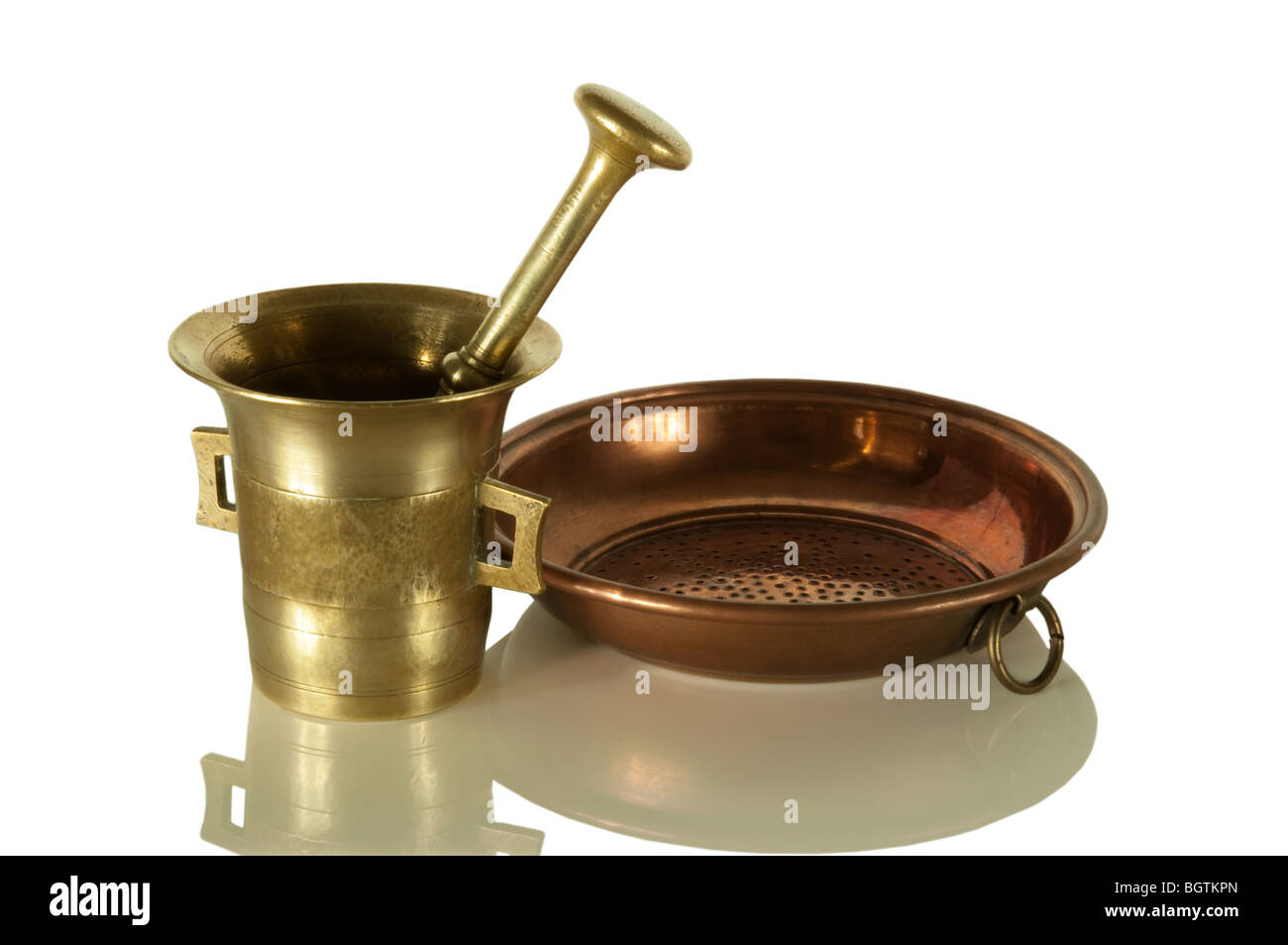 Retro mortar with pestle and copper sieve Stock Photo - Alamy