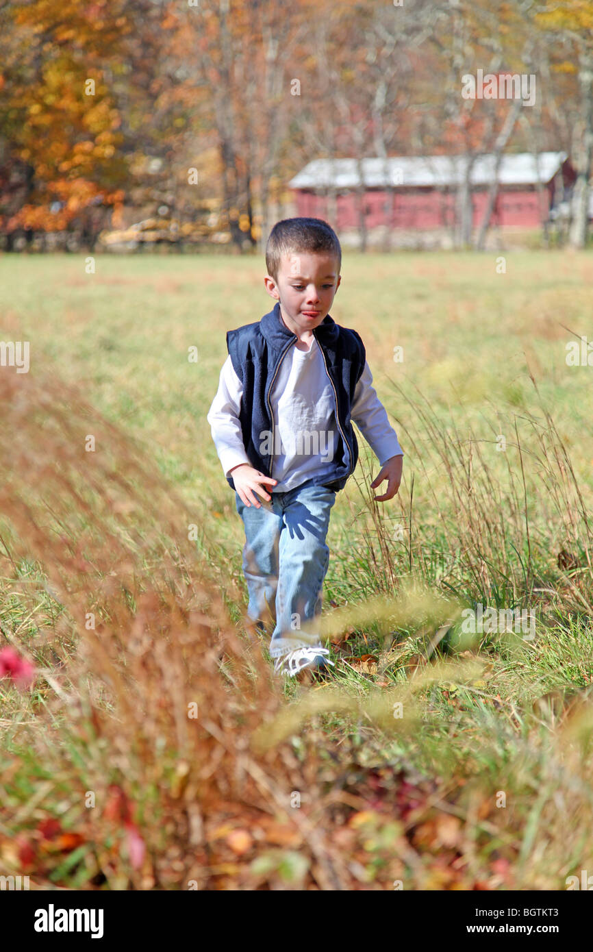 Handsome boy walking across fall field Stock Photo - Alamy