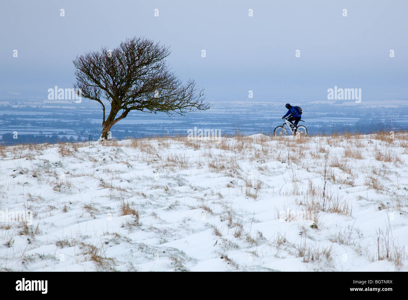 Mountain biker on Pitstone Hill Ridgeway Path Buckinghamshire in Snow ...