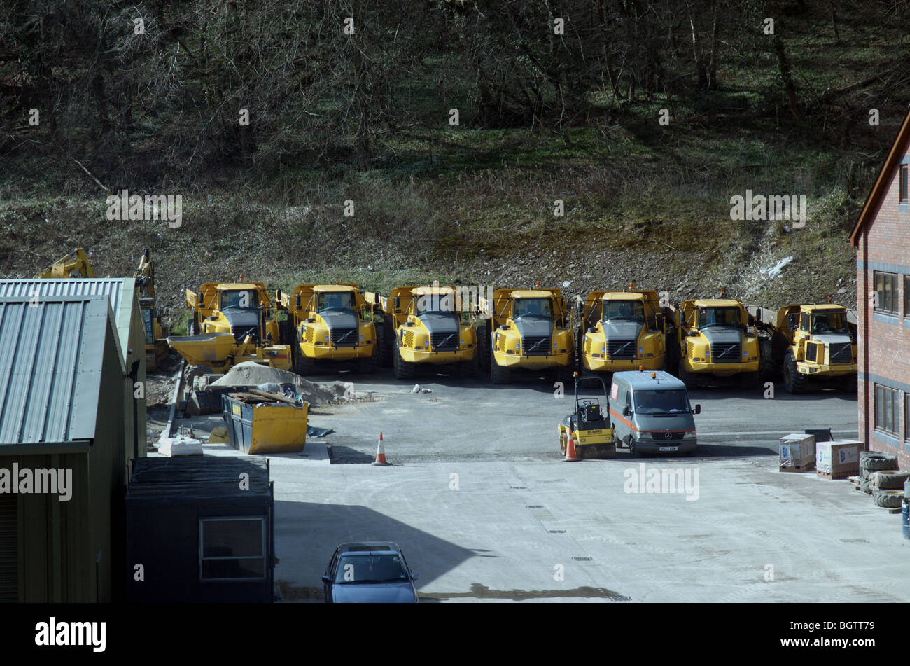 Lorries used in the construction of major highway parked up at the end ...