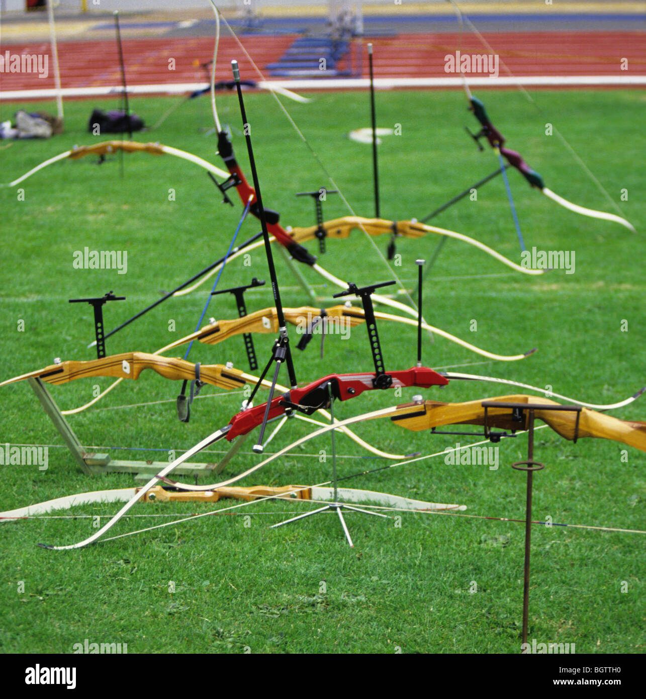 Close up of several archery bows on a field Stock Photo - Alamy