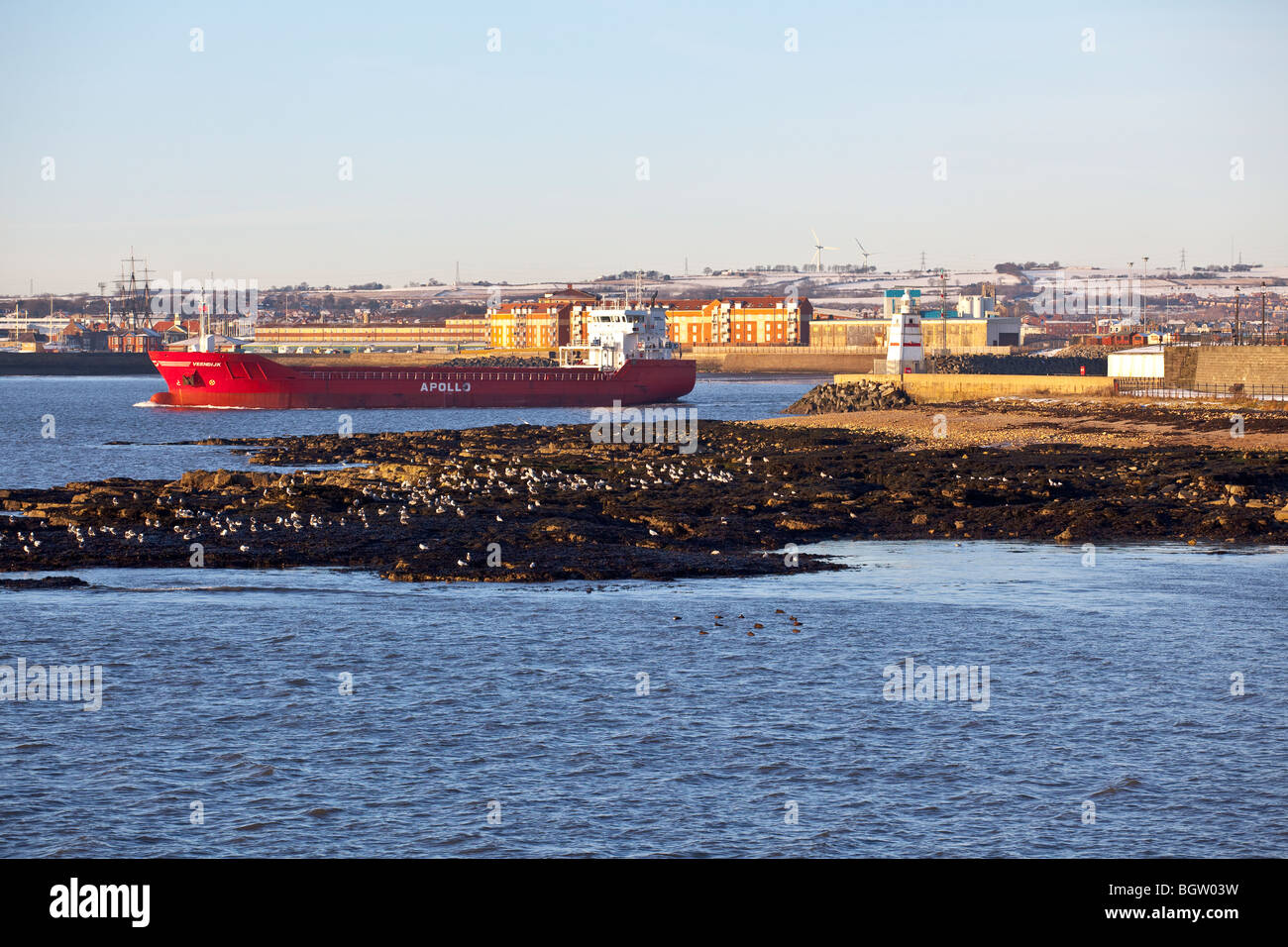 A ship leaving Hartlepool docks with Hartlepool bay in the foreground ...