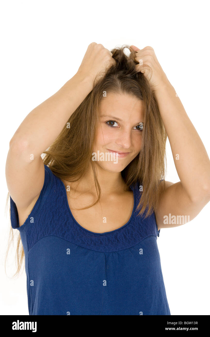 Caucasian woman looking stressed out on a white background Stock Photo ...
