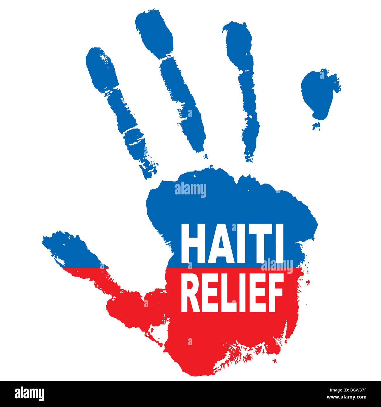 Grunge ink hand with the colours of haiti flag and relief message Stock ...