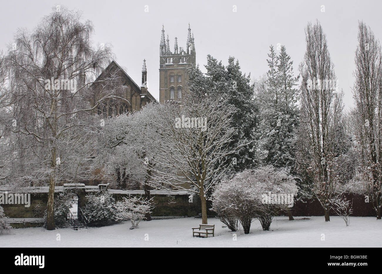 St. Mary`s Church from the Rectory Garden with snow, Warwick ...