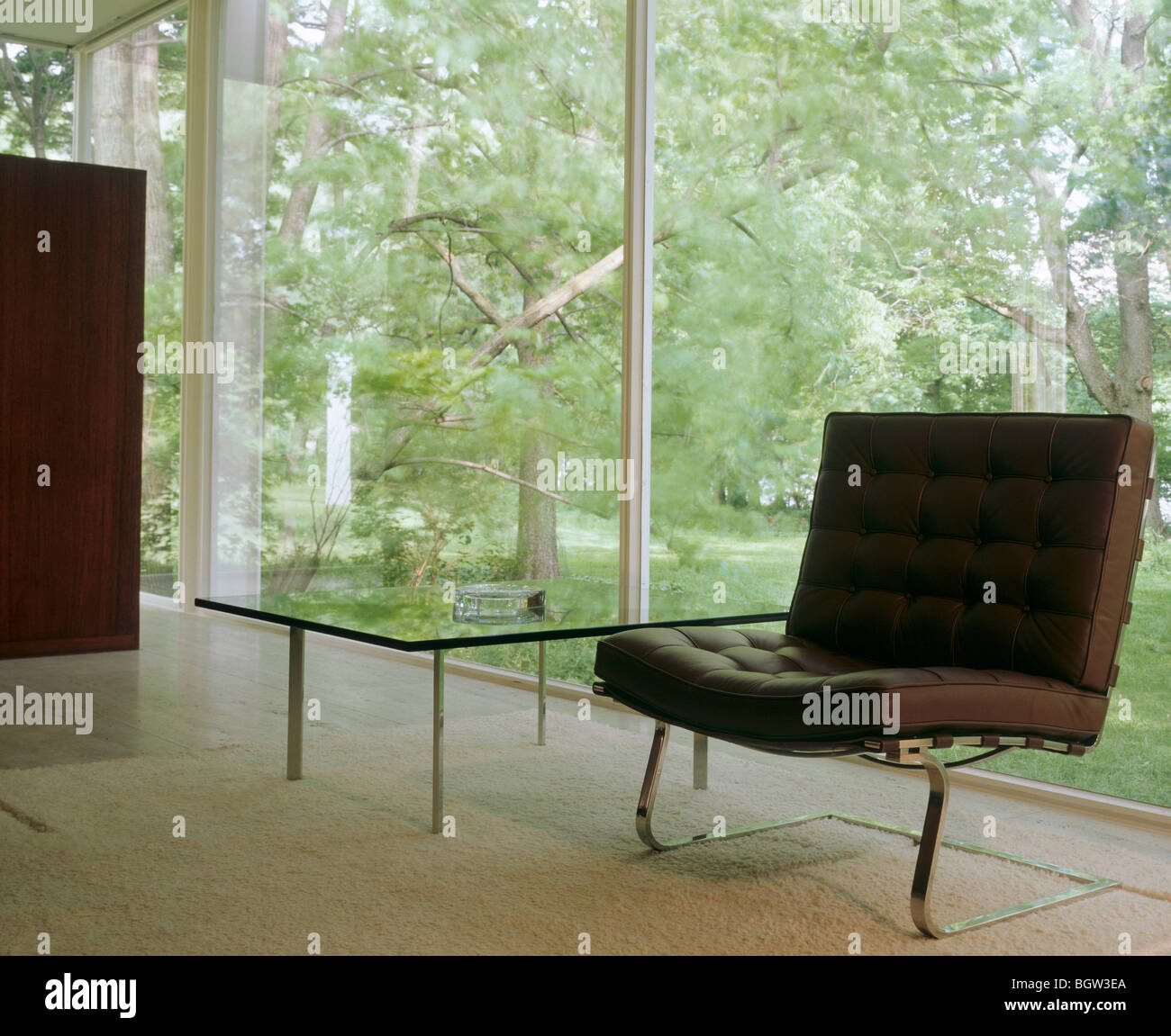 farnsworth house interior, chair and glass table Stock Photo - Alamy