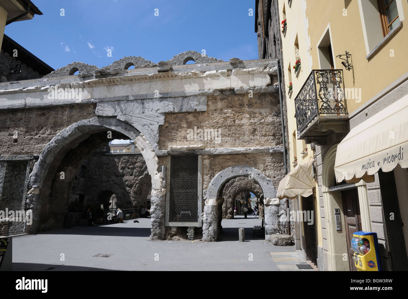 Praetorian Gate and walls at entrance to old Roman city of Aosta Italy ...
