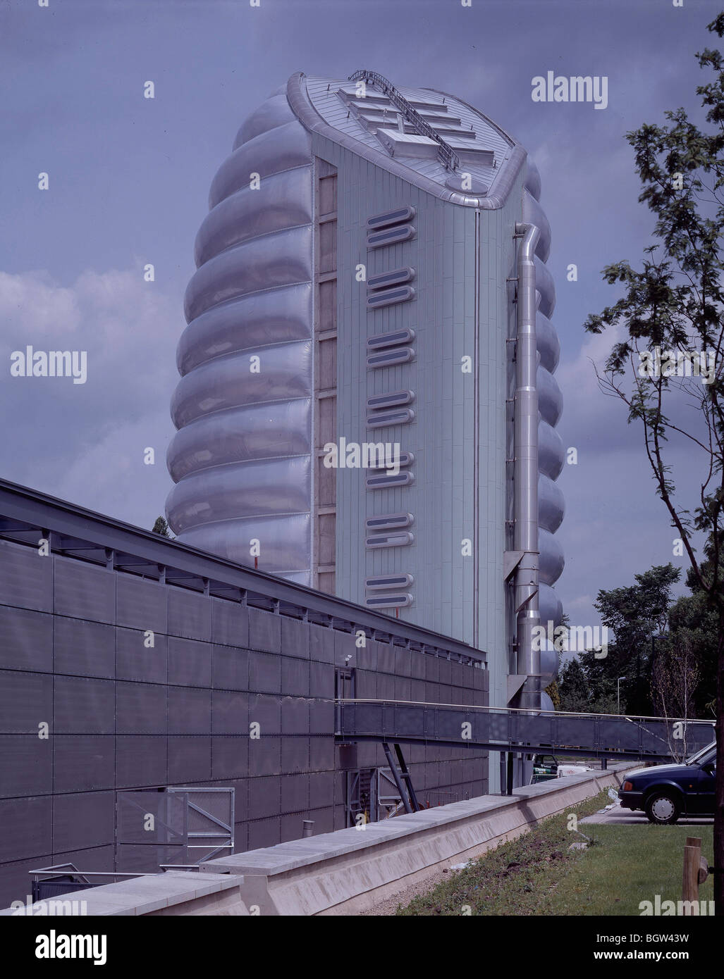 national space centre long shot of the rear side of the rocket tower ...