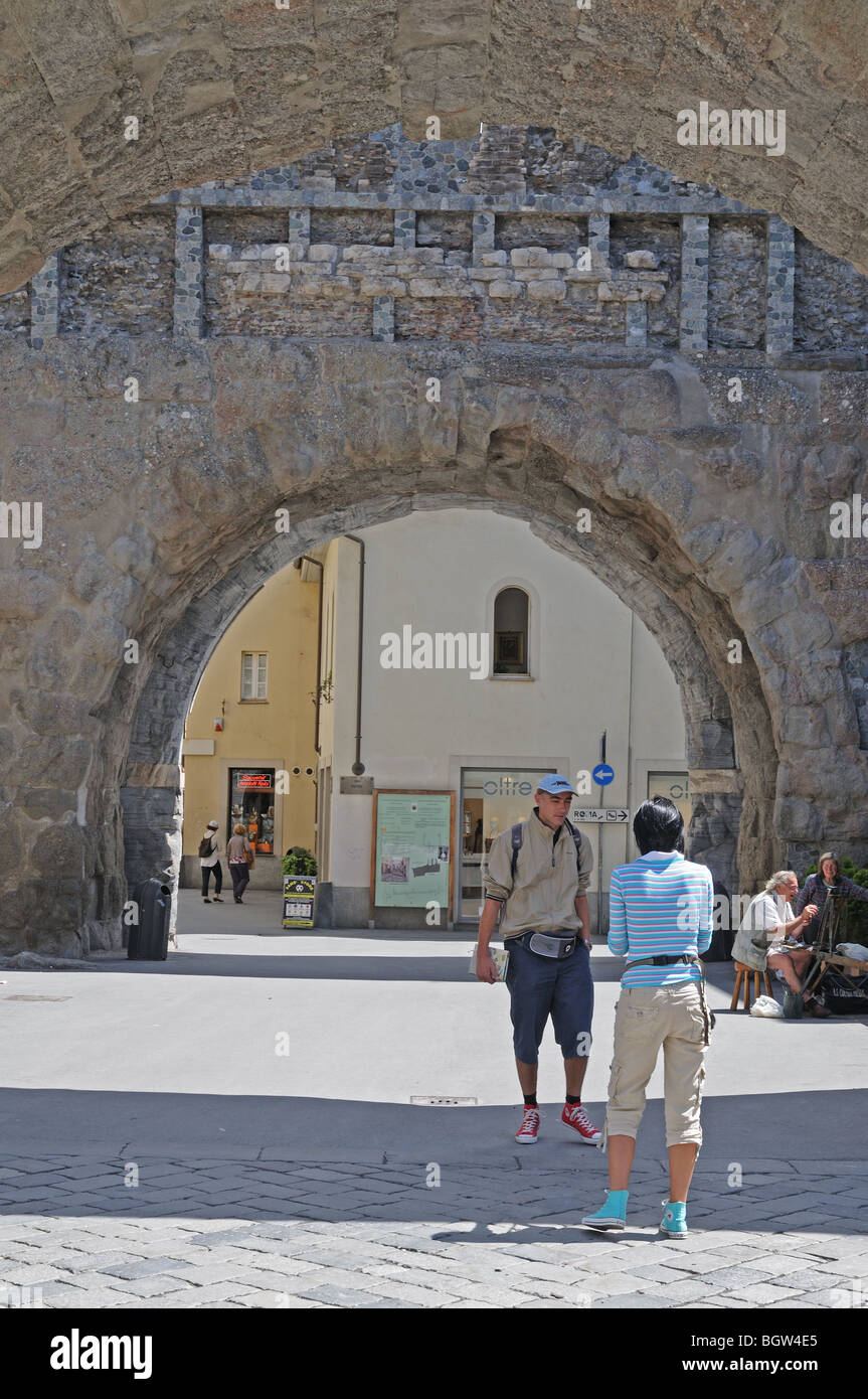 Praetorian Gate and walls at entrance to old Roman city of Aosta Italy ...