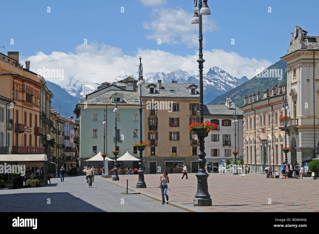 Piazza plaza square Chanoux with via de Tillier in Aosta Italy Stock ...