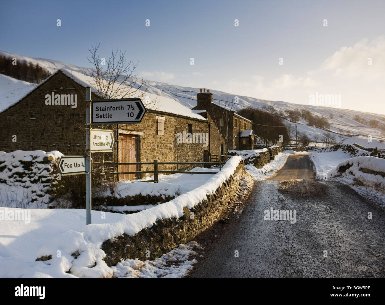 Country road Junction and Settle Stainforth road sign after heavy ...