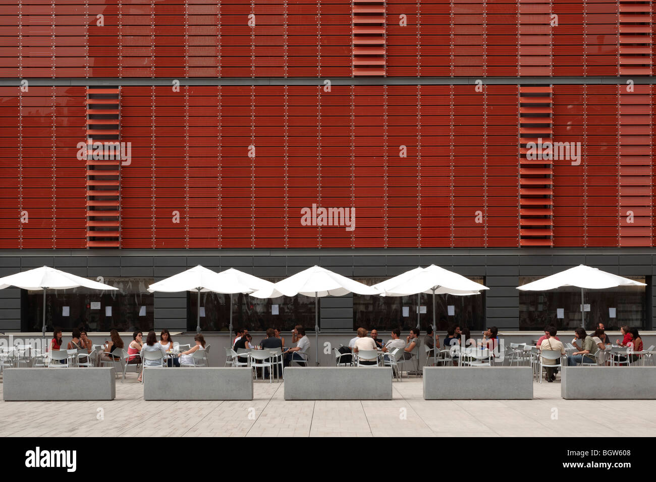 evening view of students bar and terrace with new building at the back ...