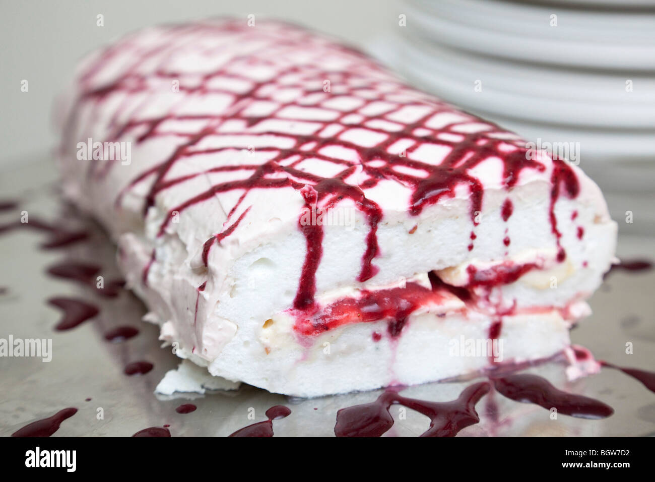 Soft Meringue raspberry crème Roulade Stock Photo - Alamy