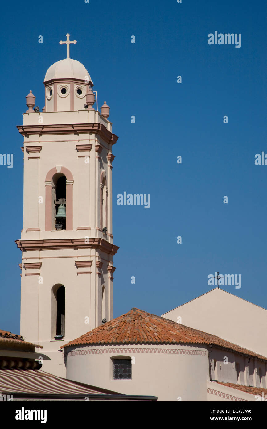 The pink bell tower of the Chapelle de Notre Dame de la Serra, Calvi ...