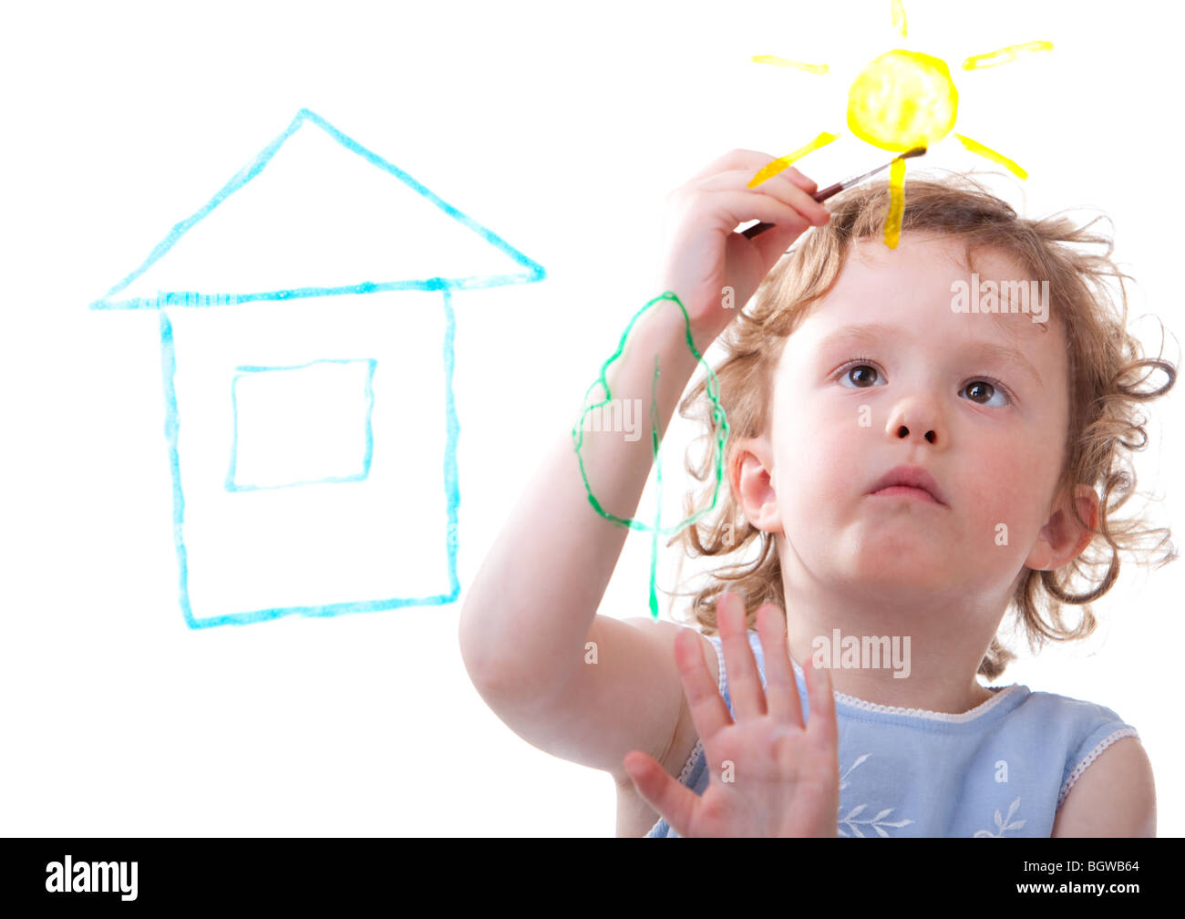 Little girl drawing on glass. Isolated on white Stock Photo - Alamy