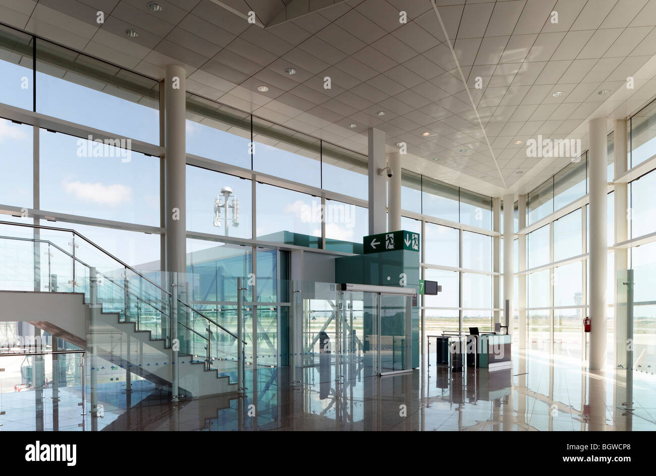 interior detailed view of far end of main passenger terminal building ...