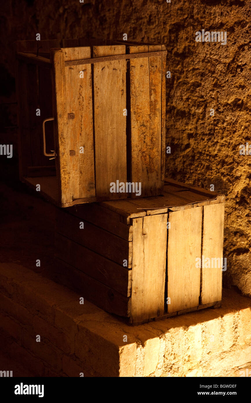 wooden boxes in wine cellar Stock Photo - Alamy
