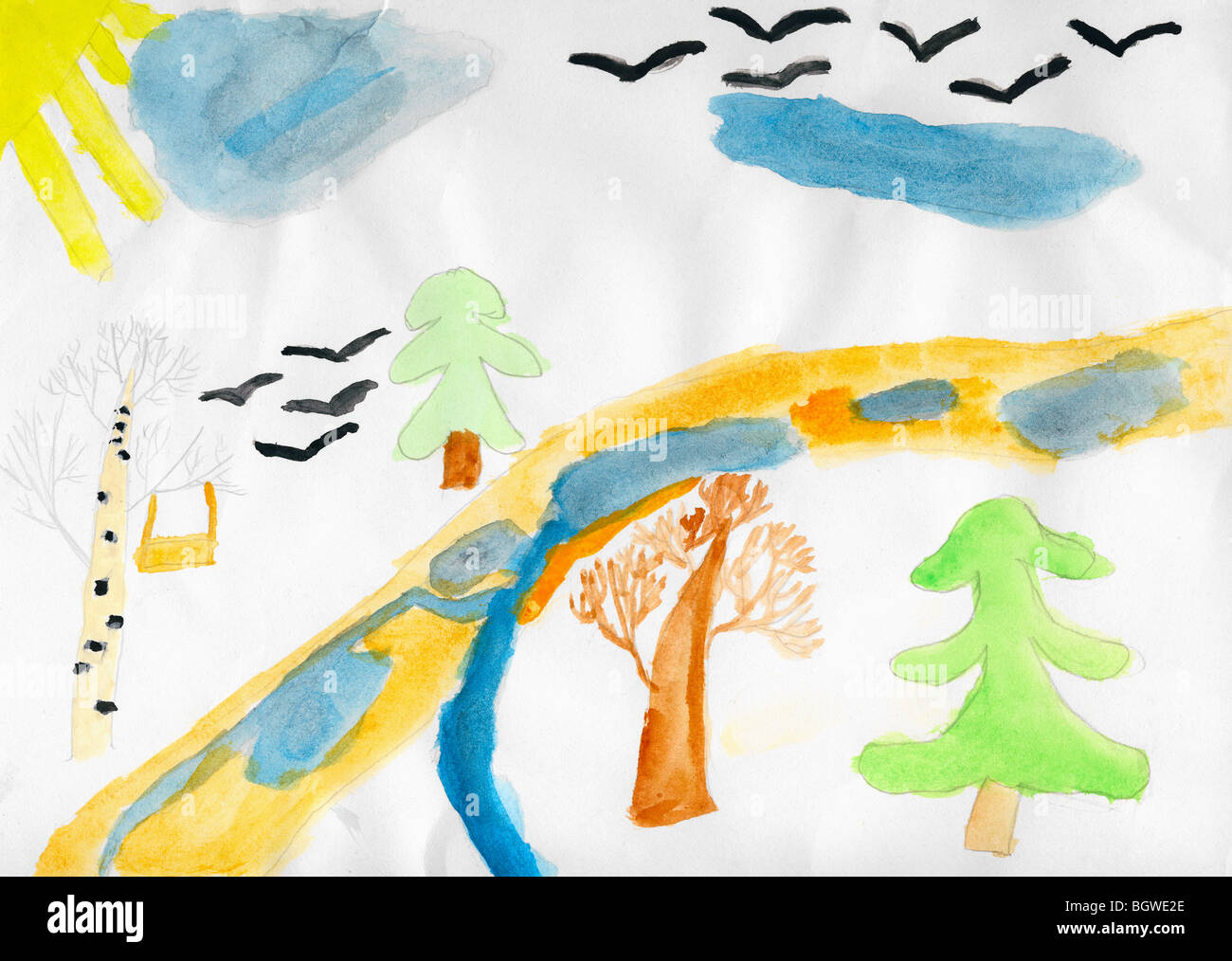Child drawing wooden landscape with sun and birds Stock Photo - Alamy