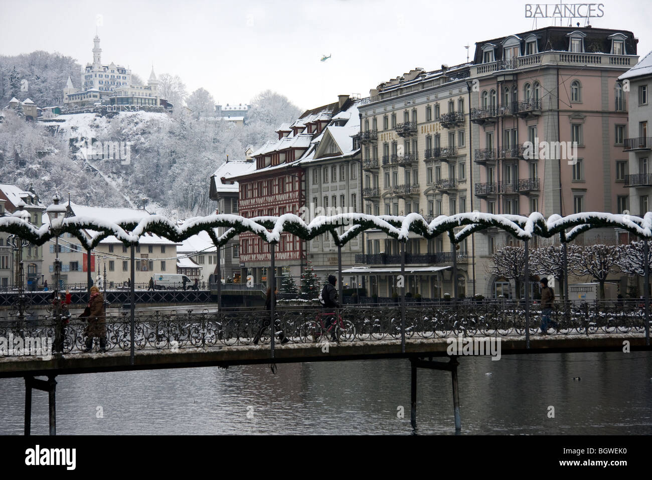 View of snow covered bridge in Lucerne, Switzerland Stock Photo - Alamy