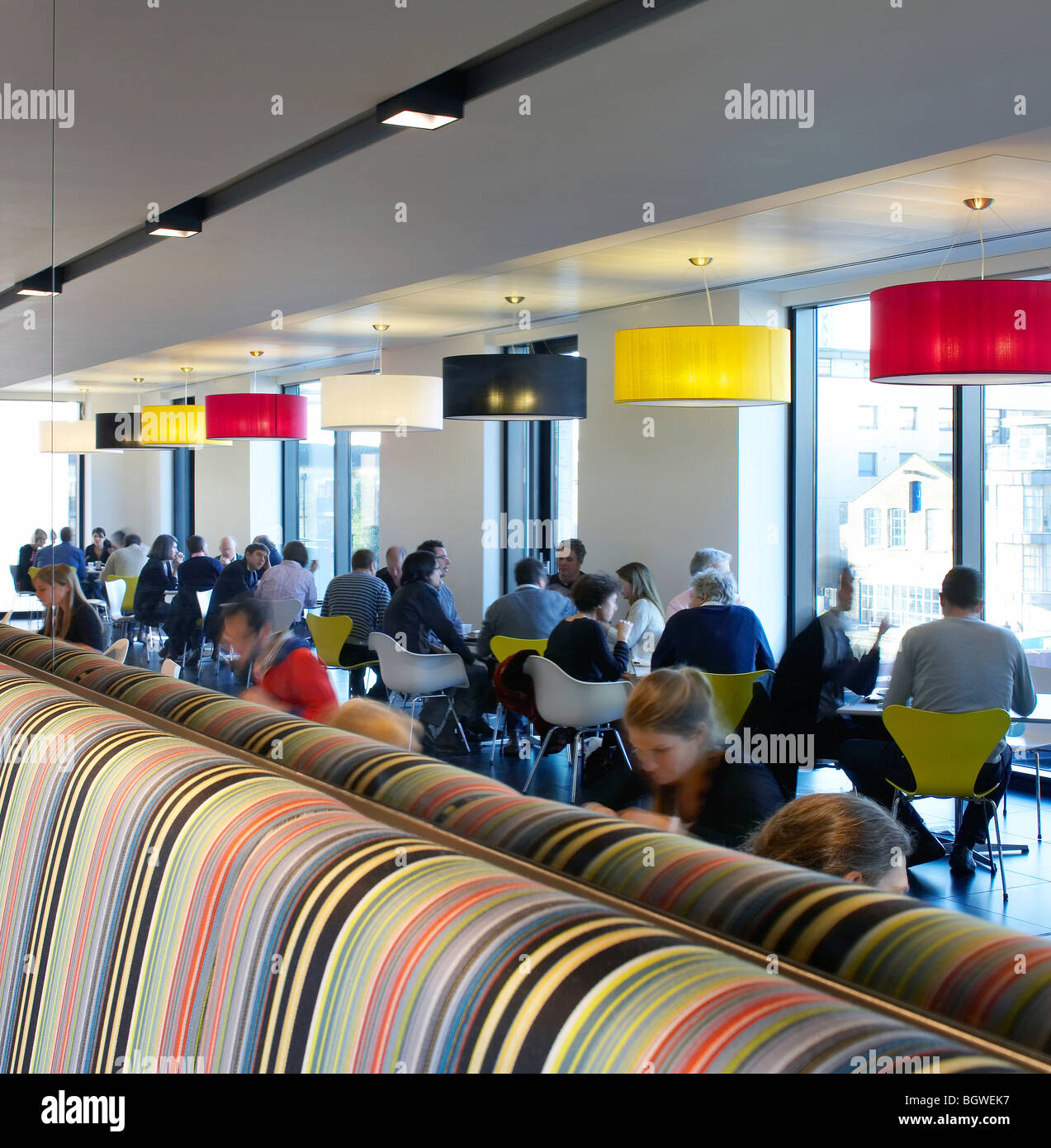 guardian offices kings place, view of colourful seating and ceiling ...