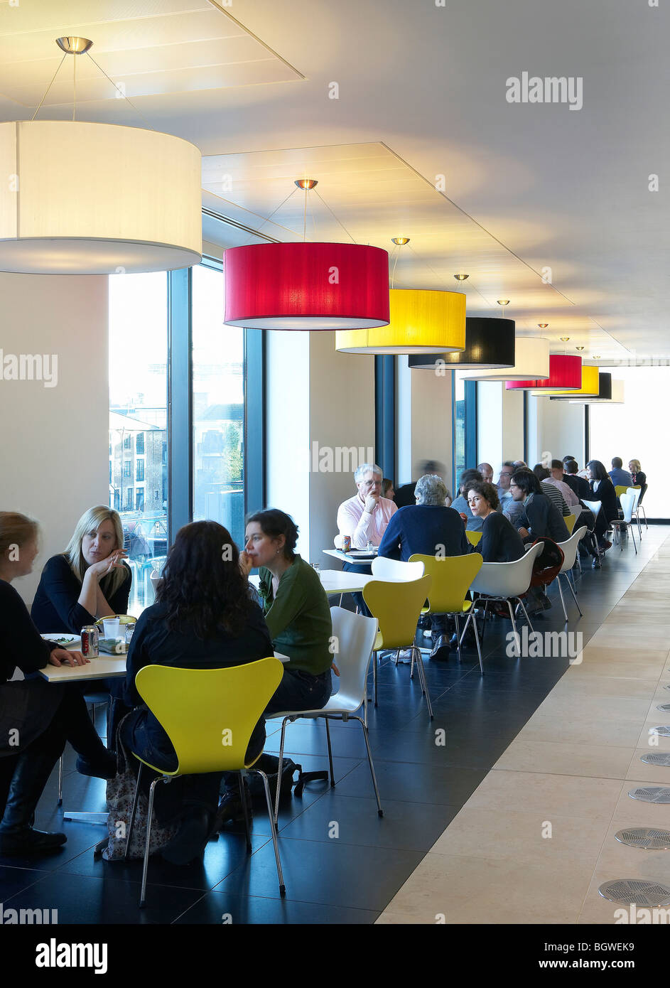 guardian offices kings place, view of colourful seating and ceiling ...
