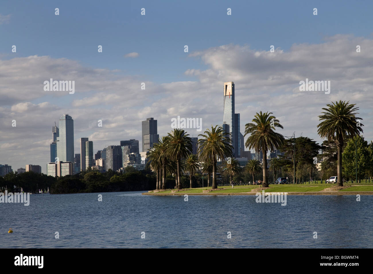 Melbourne skyline, photographed from Albert Park Lake showing the ...