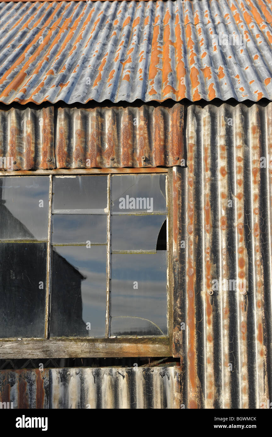Rusty corrugated iron shed and broken window Stock Photo - Alamy