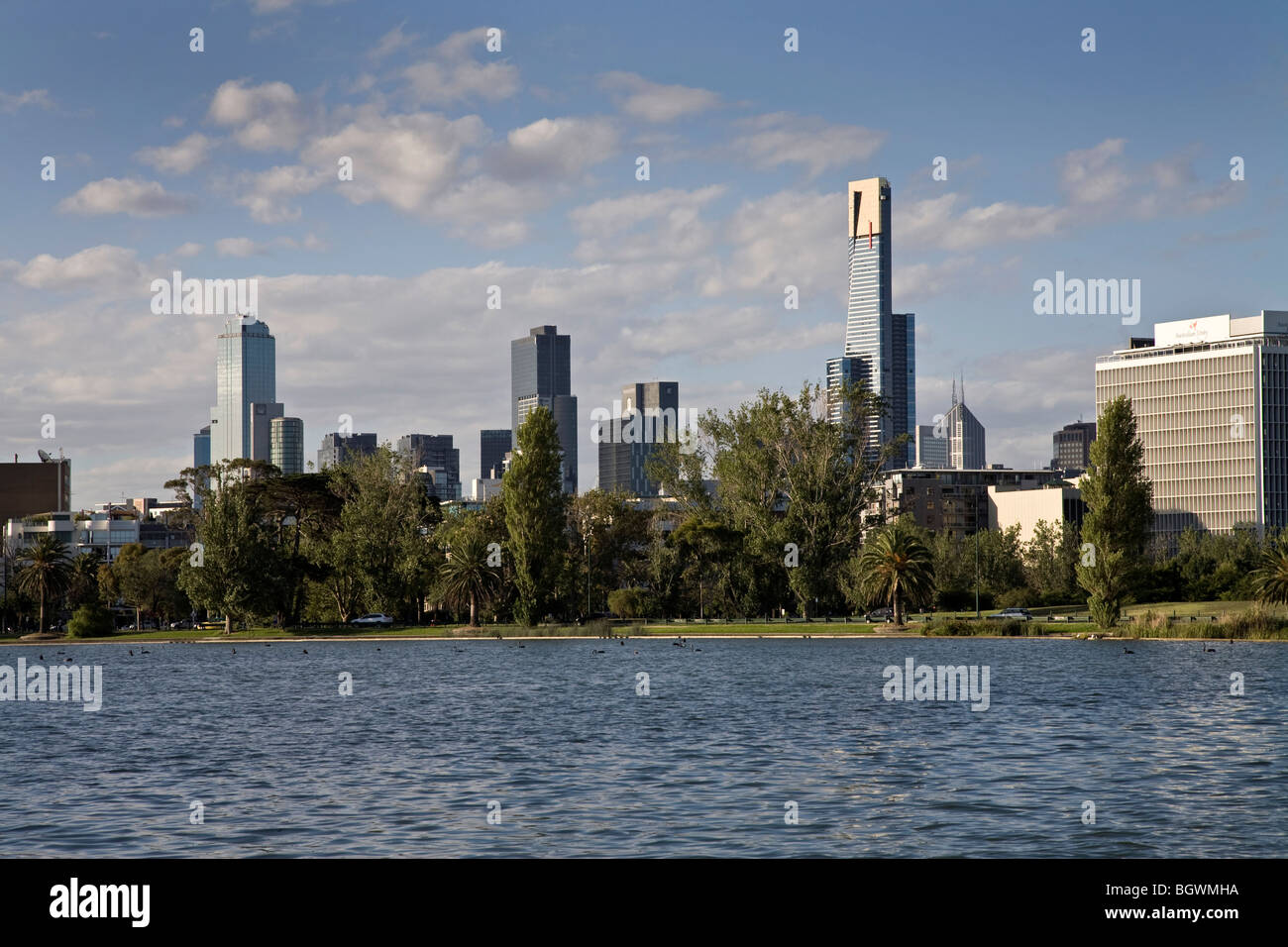 Melbourne skyline, photographed from Albert Park Lake showing the ...