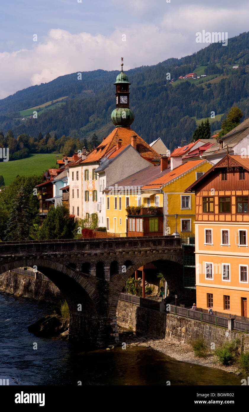 Old historical old town of Murau Austria downtown and churches and Mur ...
