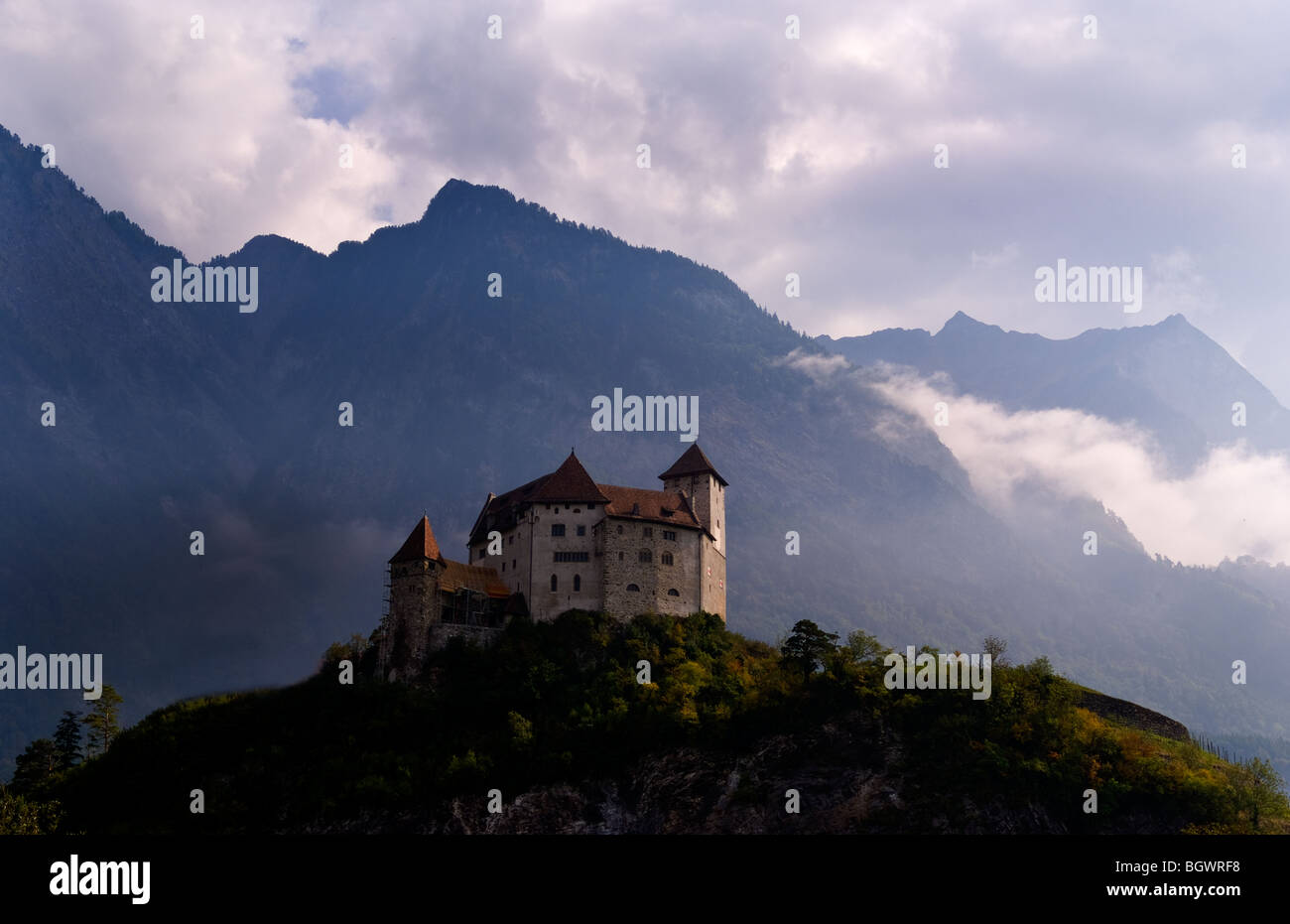 Gutenberg Castle on top of mountain in small remote country of ...